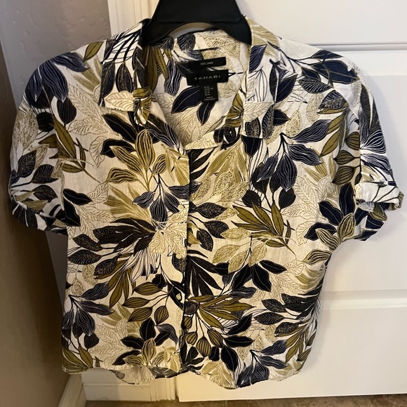 Tahari | Tops | Tahari Linen Shirt With Blue And Gold Floral Design ...